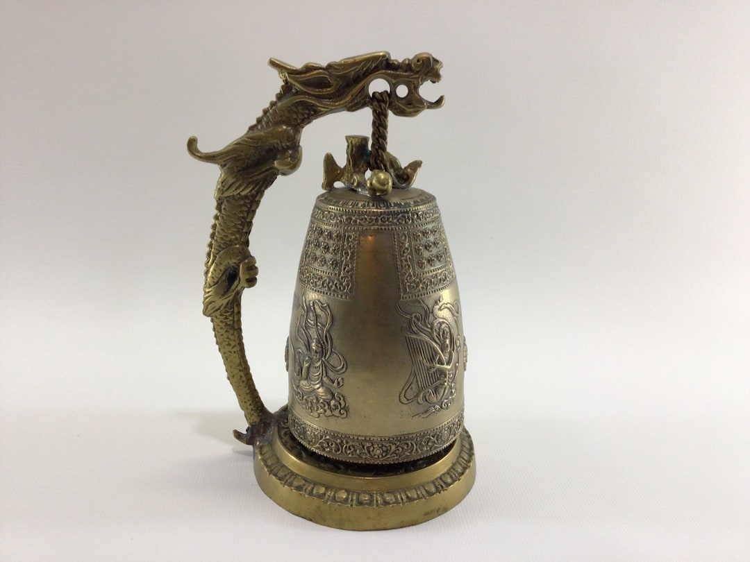 Bronze Brass Tibetan Prayer Gong With Dragon Motif Hanger Vintage Asian ...