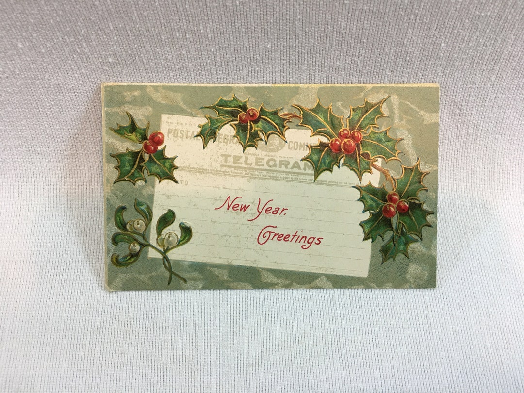 Antique New Year Postcard Embossed Telegram and Holly - Etsy