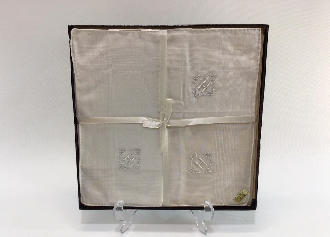 H Monogram Embroidered Handkerchief Set Vintage White 100% Cotton in ...