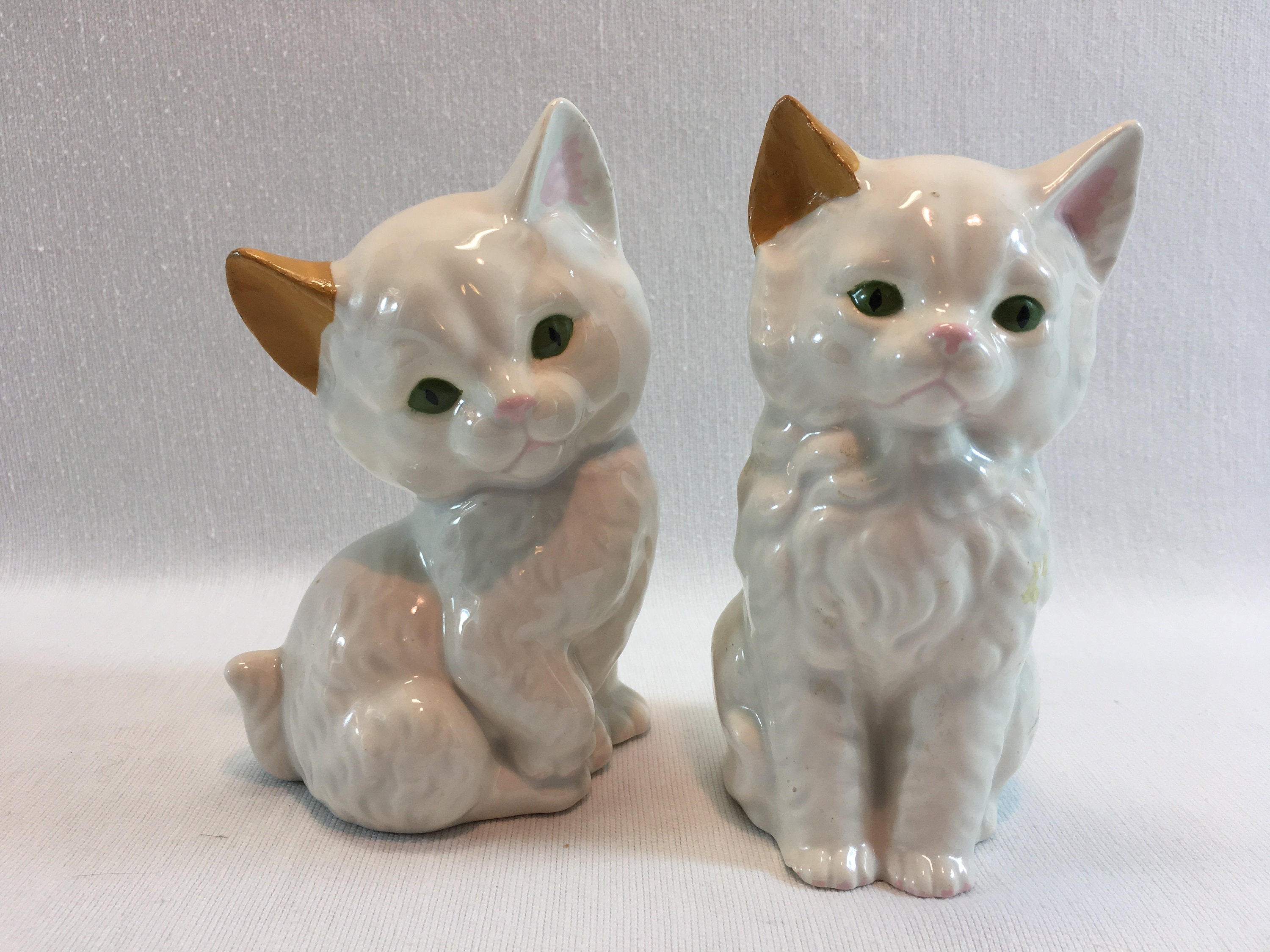 Vintage Ceramic Kittens Hand Painted White and Gold With Green Eyes ...