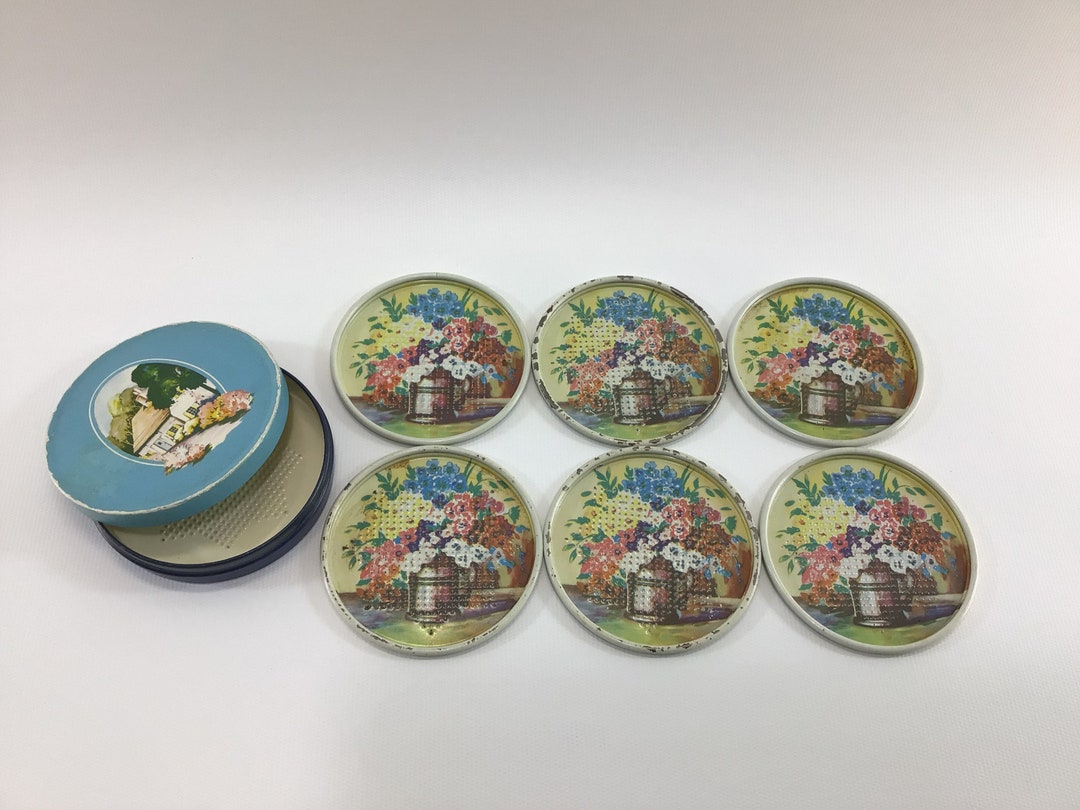 Vintage Drink Coaster Set in Decorative Can Kitschy 6 Piece Tin Litho ...