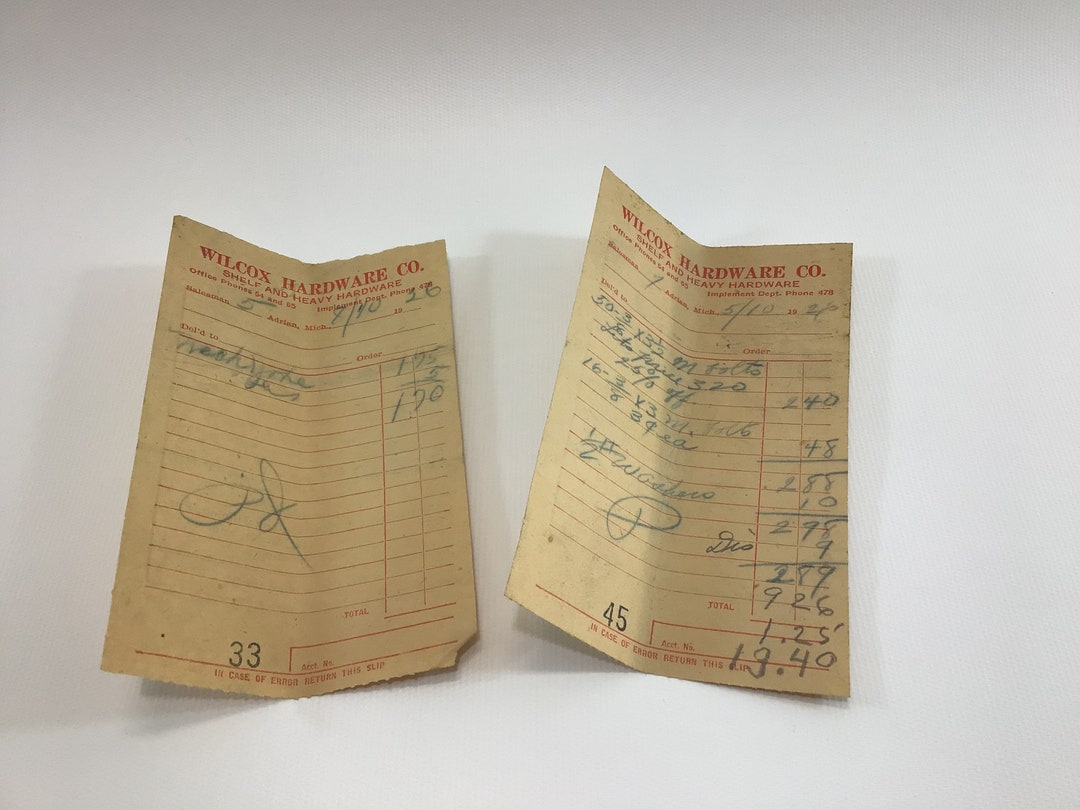 1920s Hardware Store Receipts Vintage Adrian Michigan Ephemera Wilcox ...