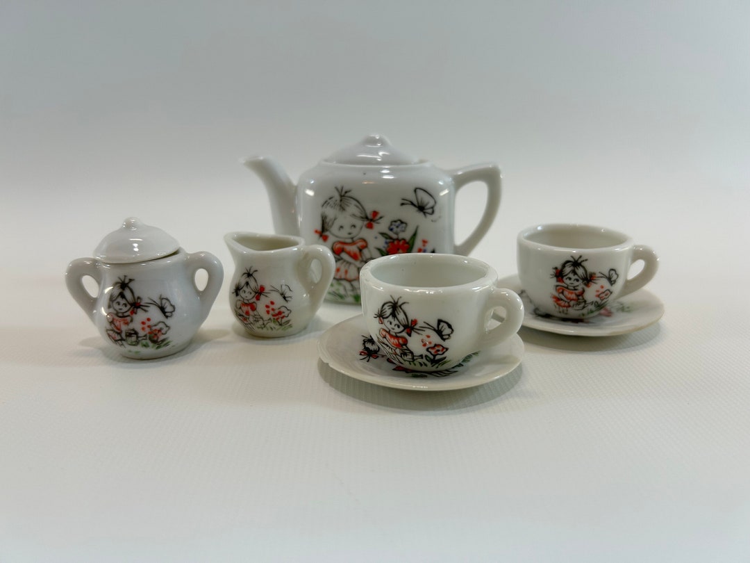 Porcelain Toy Tea Set 7 Pieces 1950's Childs Playset Tiny Dishes With ...