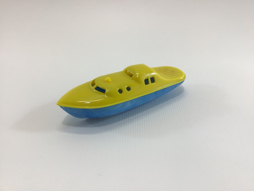 Banner 4 Toy Boat Vintage Hard Plastic Speedboat Yellow With Blue Hull ...