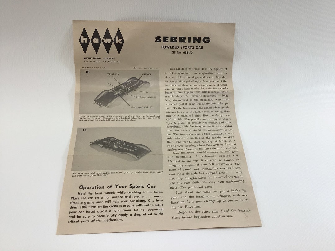 Hawk Model Co Sebring Powered Sports Car Instructions 1960's Kit No 638 ...