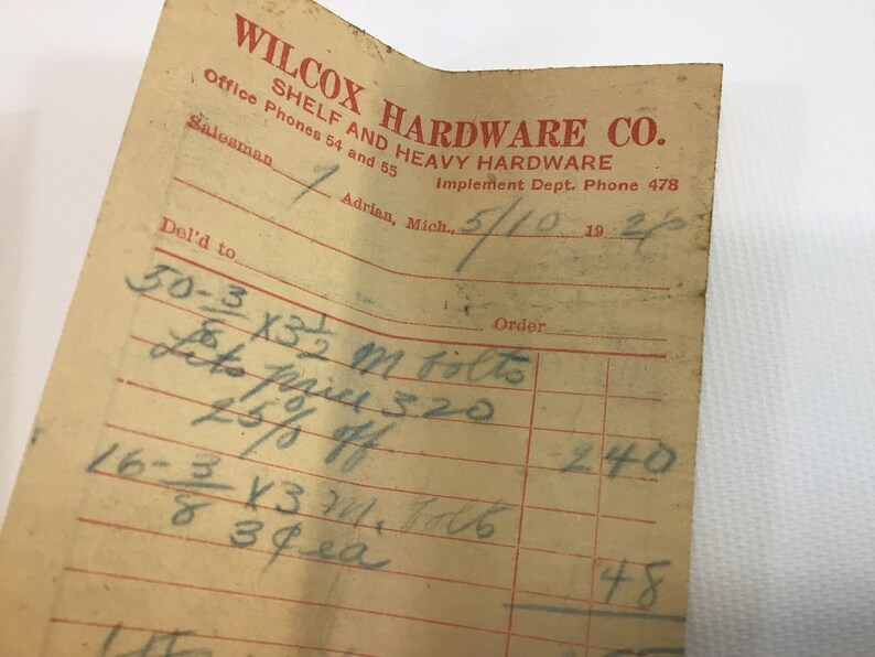 1920s Hardware Store Receipts Vintage Adrian Michigan Ephemera Wilcox ...