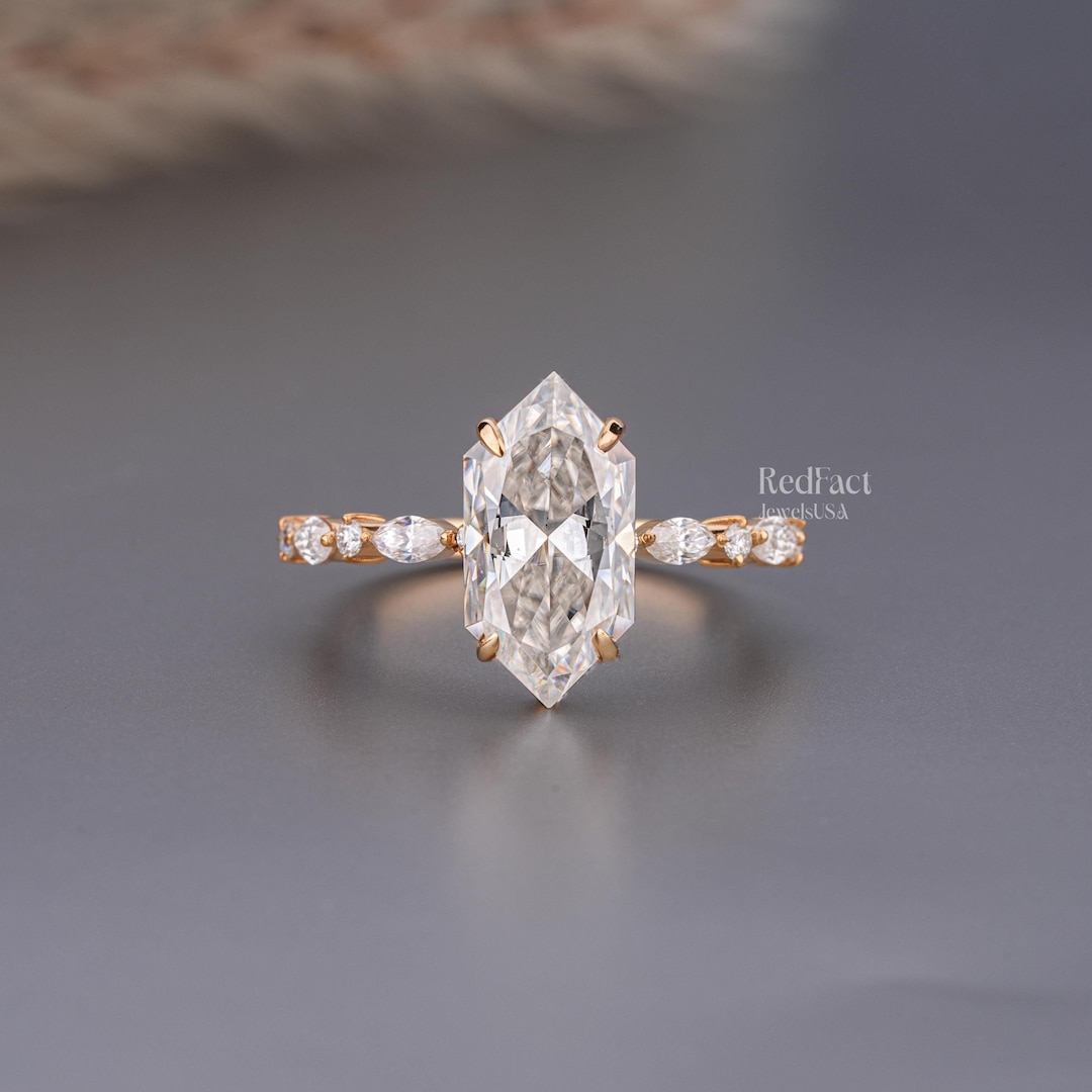 Solid Yellow Gold Dutch Marquise Cut Moissanite Engagement Ring, Hidden ...