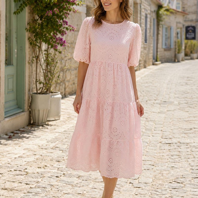 Pink Eyelet Midi Dress - Etsy