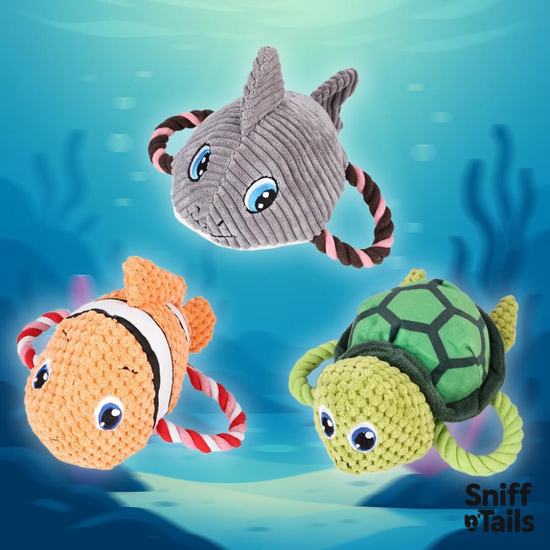Plush Sea Animal Dog Toys – Turtle, Shark & Clownfish With Rope Handles ...