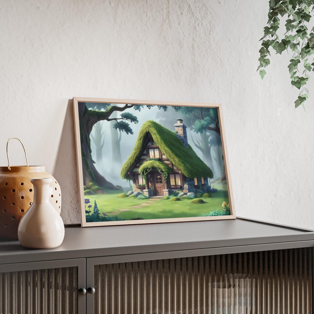 Ghibli Art Style Anime Whimsical Cottage Poster With Wooden Frame, Cozy ...