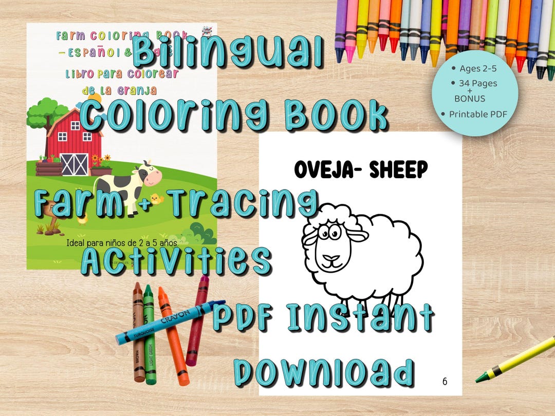 Bilingual Farm Animals Coloring Book for Toddlers – 34 Pages + Bonus ...
