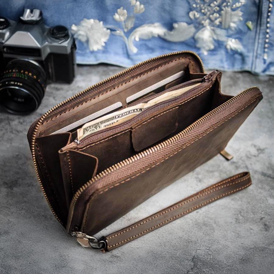 Personalized Leather Clutch Wallet, Leather Wristlet Wallet With Zip ...