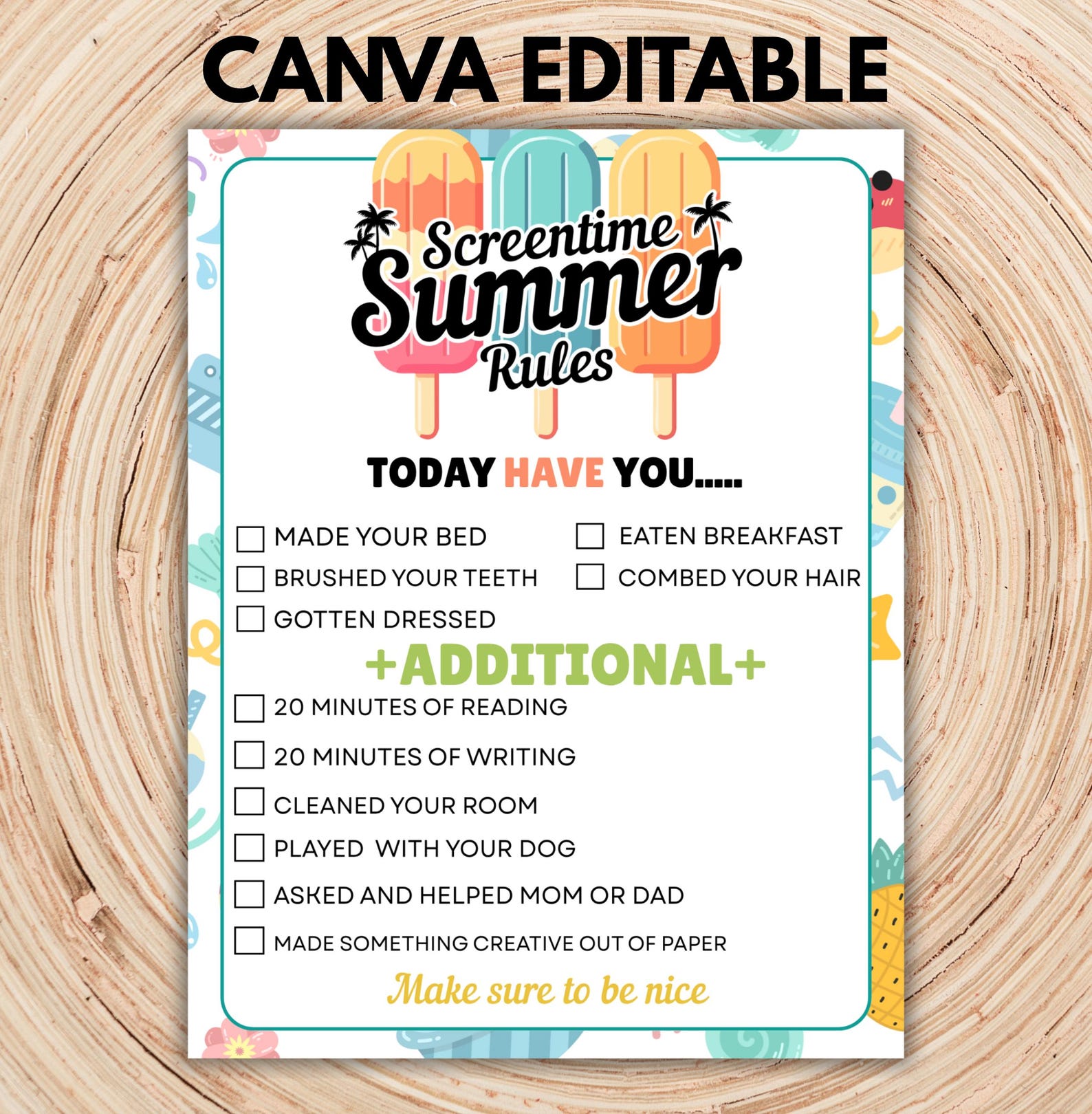Editable Summer Screen Time Checklist: Chore Chart for Kids - Etsy