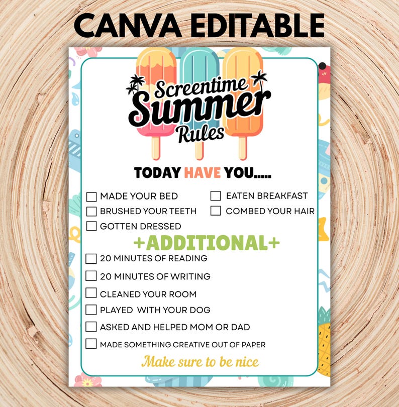 Editable Summer Screen Time Checklist: Chore Chart for Kids - Etsy