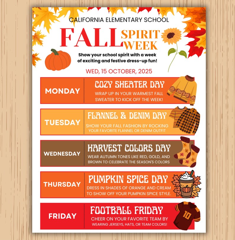 Editable Fall Spirit Week Flyer Template: School Event Schedule ...
