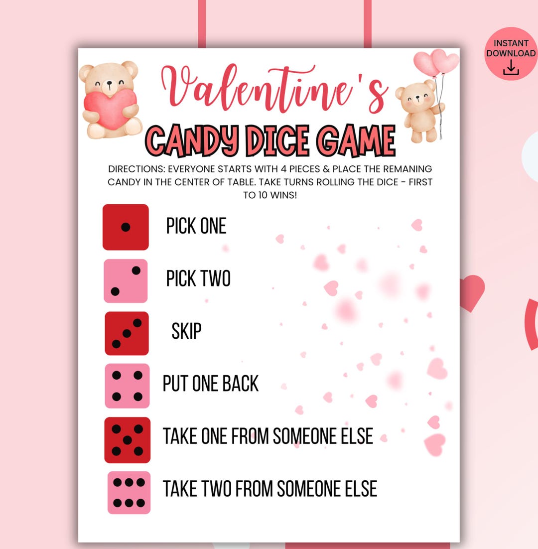 Valentine's Day Candy Dice Game, Printable Valentines Dice Game, Fun ...