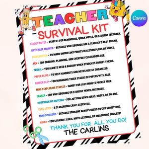 EDITABLE Teacher Survival Kit Printable, Back to School Teacher Gift ...