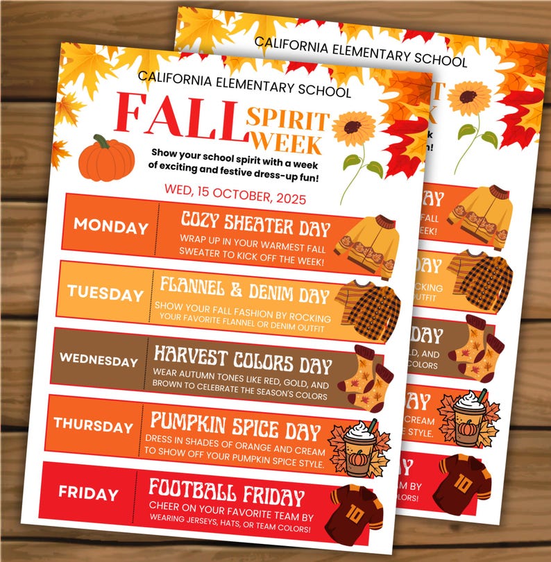 Editable Fall Spirit Week Flyer Template: School Event Schedule ...