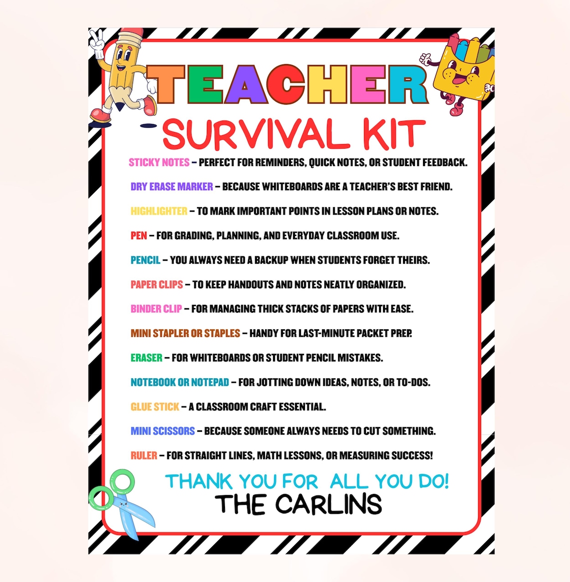 EDITABLE Teacher Survival Kit Printable, Back to School Teacher Gift ...