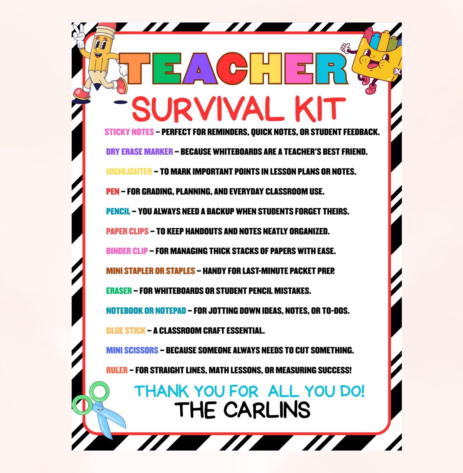 EDITABLE Teacher Survival Kit Printable, Back to School Teacher Gift ...