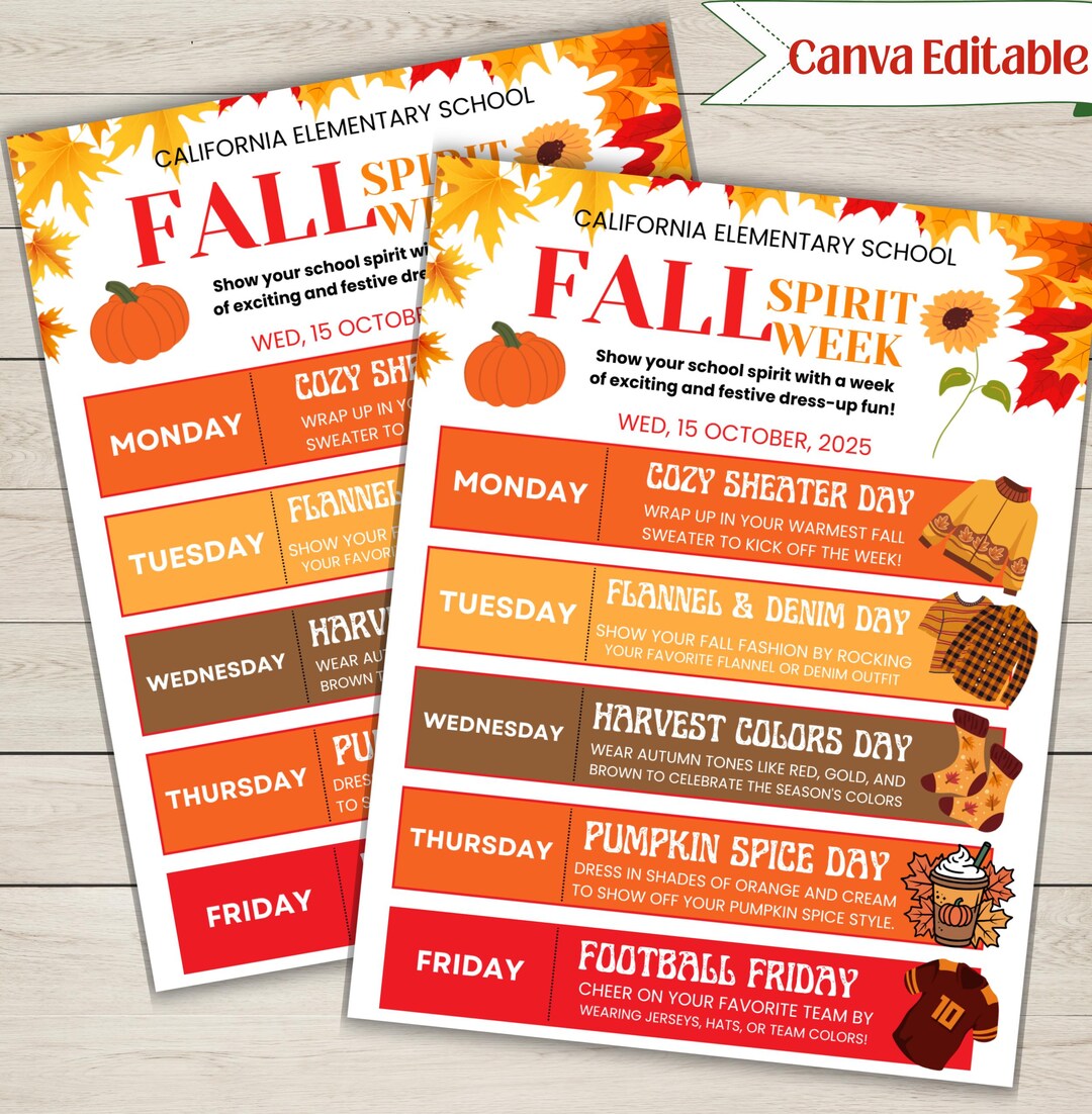 Editable Fall Spirit Week Flyer Template: School Event Schedule ...