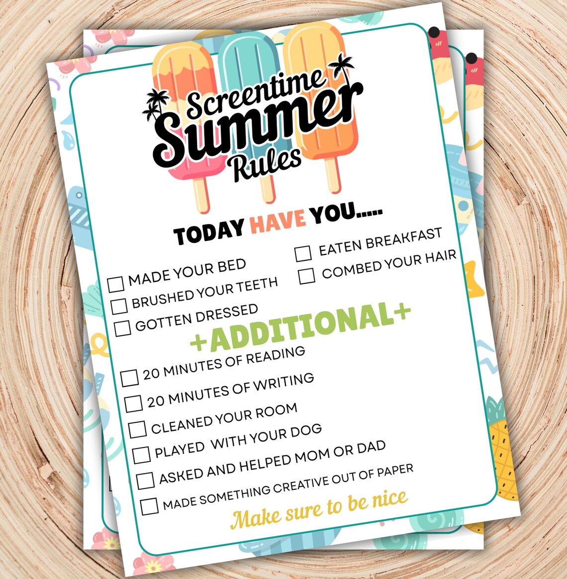 Editable Summer Screen Time Checklist: Chore Chart for Kids - Etsy