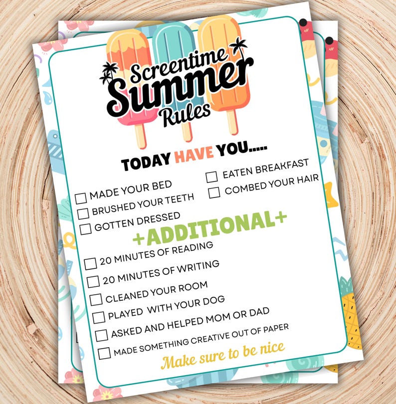 Editable Summer Screen Time Checklist: Chore Chart for Kids - Etsy