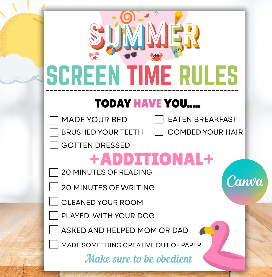 Editable Summer Screen Time Checklist: Chore Chart for Kids (printable ...