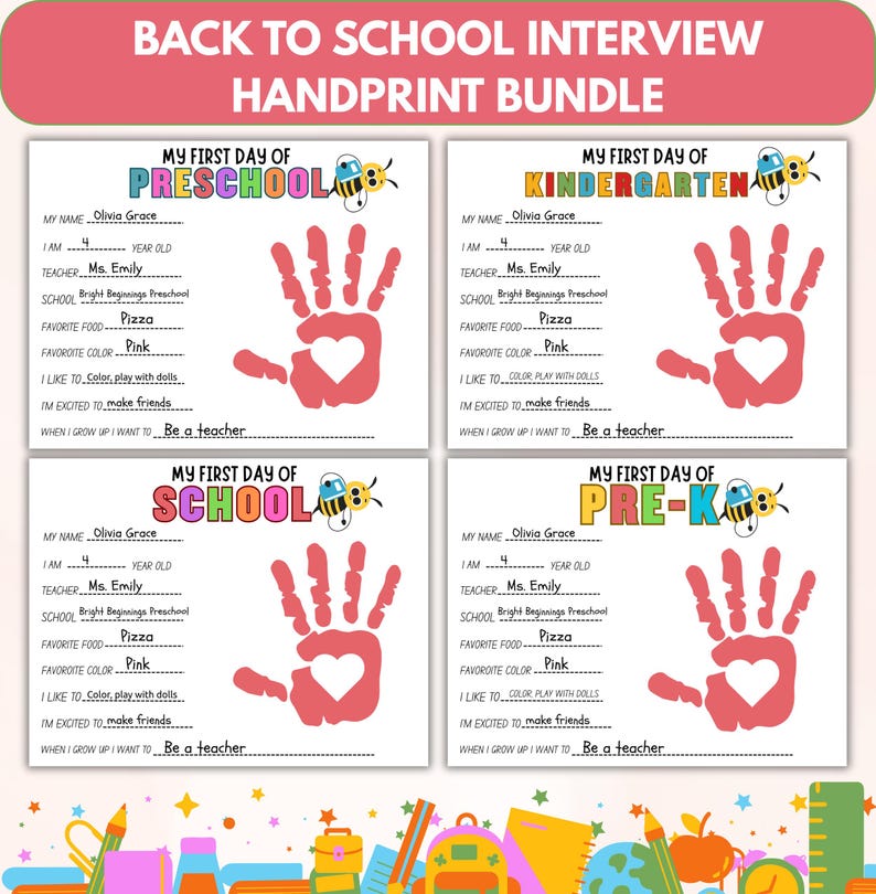 First Day of School Handprint Art Bundle: Pre-k, Kindergarten Keepsake ...