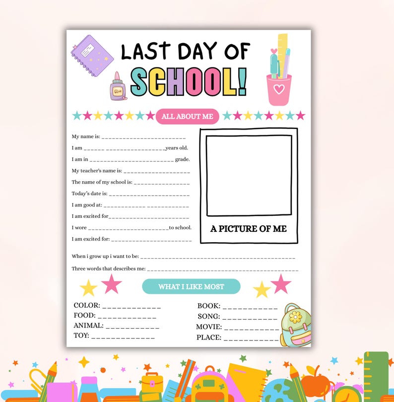 All About Me, Back to School Questionnaire,first and Last Day of School ...