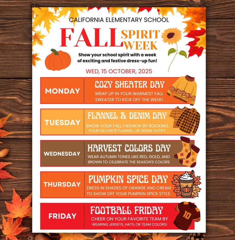 Editable Fall Spirit Week Flyer Template: School Event Schedule ...