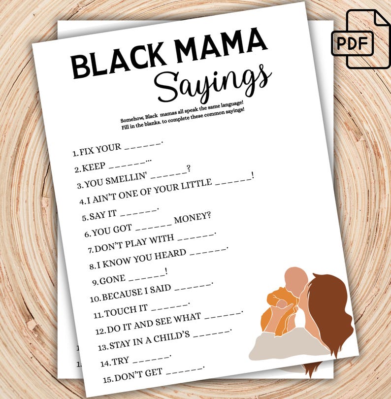 Iconic Black Mama Sayings With Answer Key Baby Shower Game | Black Baby ...