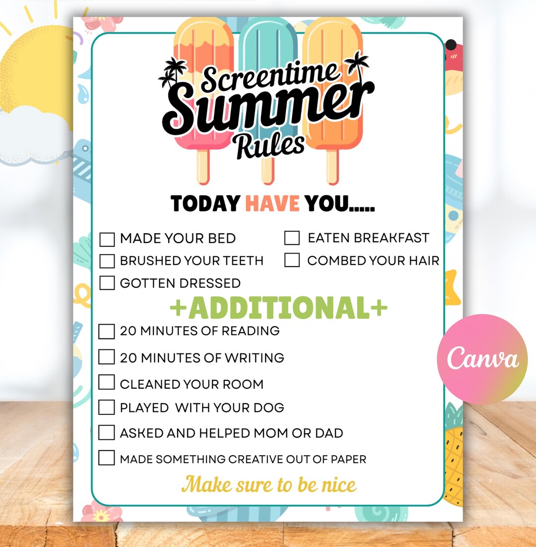Editable Summer Screen Time Checklist: Chore Chart for Kids - Etsy