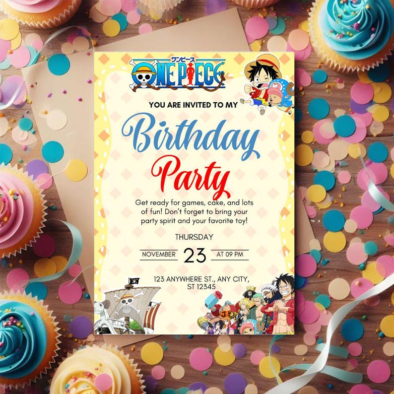 One Piece Lufi Theme Kids Birthday Editable , One-piece Party Invite ...