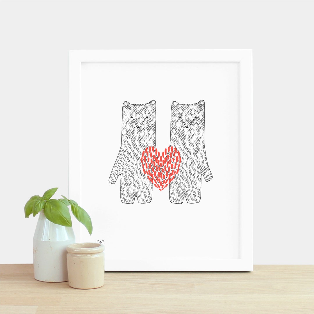Valentine's Day Print Red Love Heart Bears Print A5 Risograph Print ...