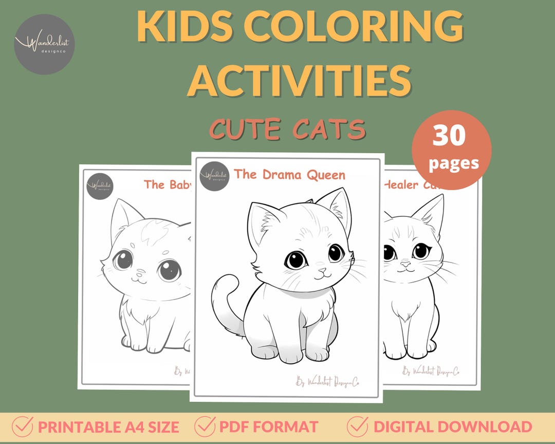 Cat Coloring Book | 30 Kitten Coloring Pages for Kids | Cute Cat ...