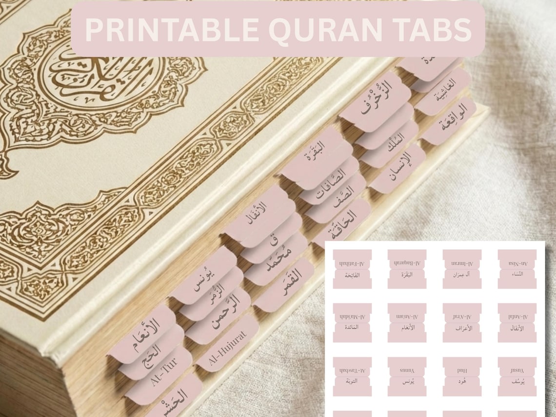Printable Quran Tabs 1-114 | Pink Surah Index Stickers | Dusty Rose ...
