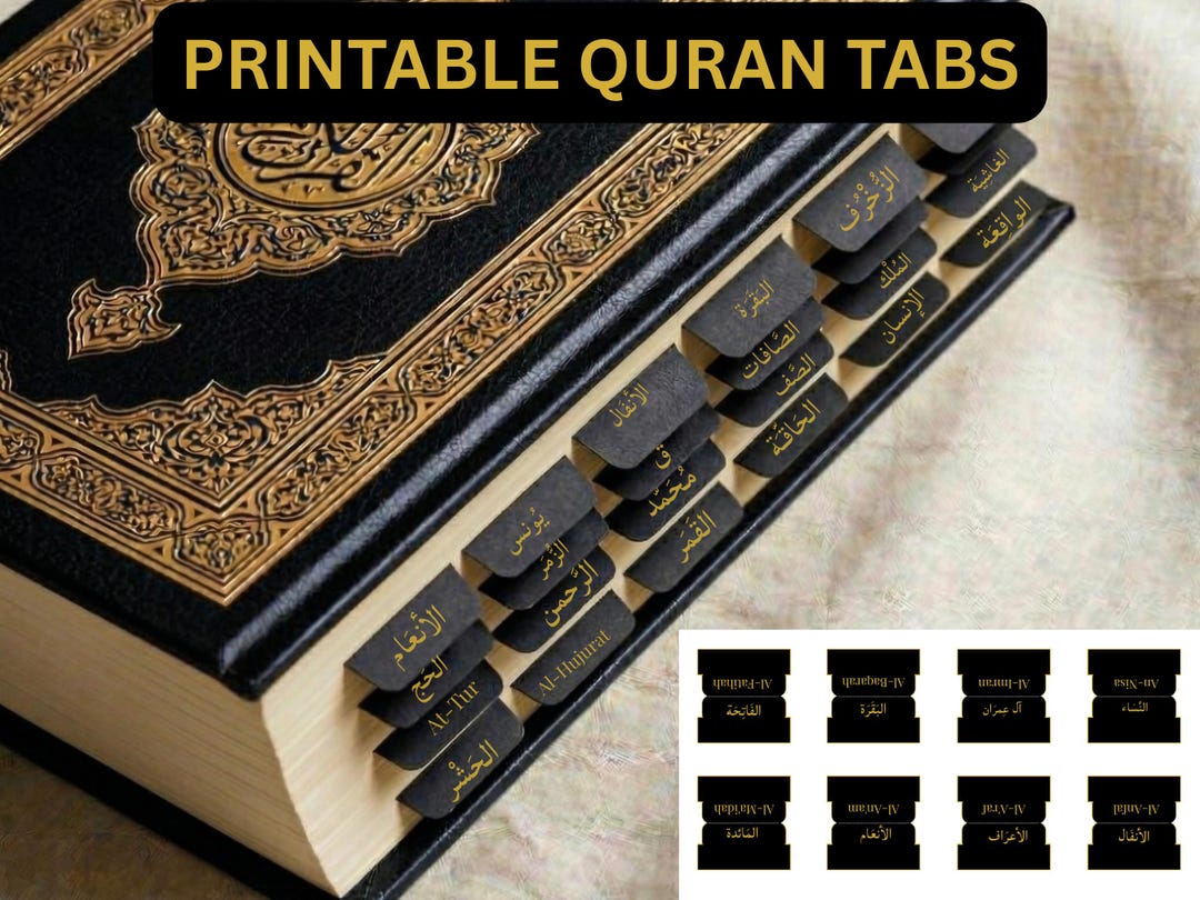 Luxury Black Quran Tabs Printable | Gold & Black Surah Index Stickers ...