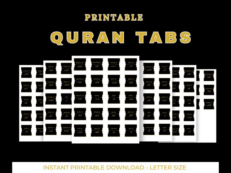 Luxury Black Quran Tabs Printable | Gold & Black Surah Index Stickers ...
