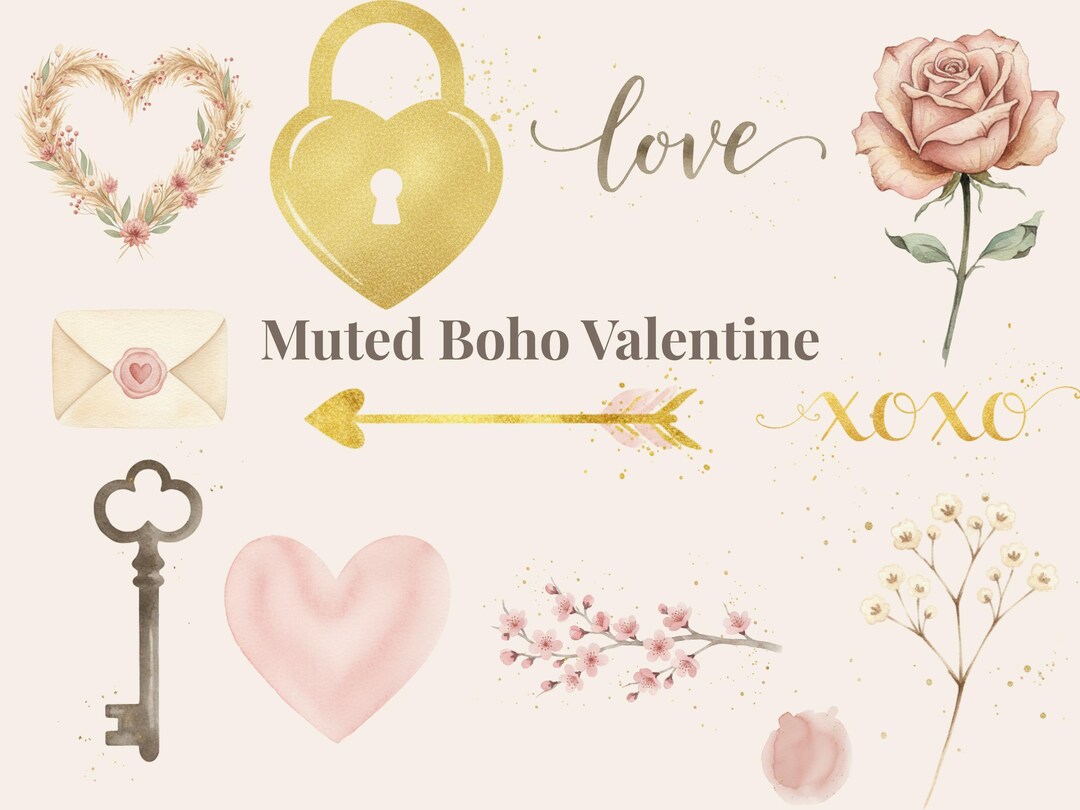 Boho Valentine Clipart Set | Muted Watercolor Heart PNG | Blush Pink ...