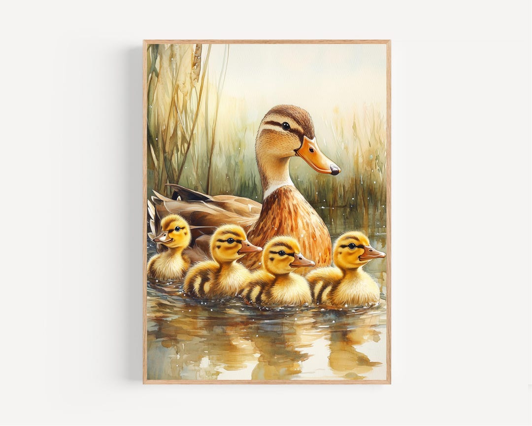 Wetland Duck and Ducklings Watercolor Print, Framed Poster or Canvas ...
