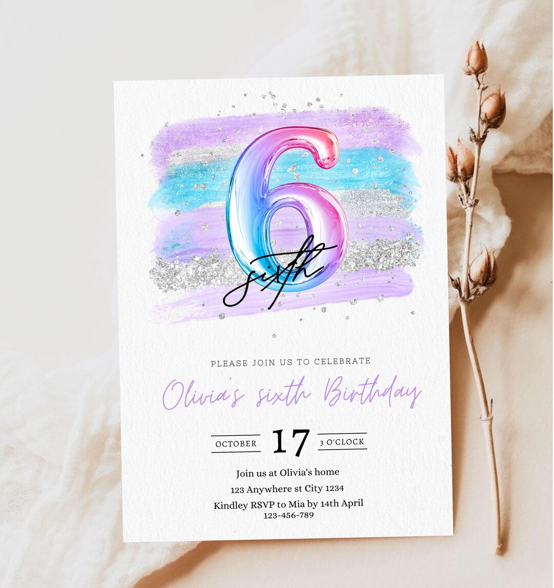 Glitter Purple 6th Birthday Invitation, Canva Self-editable Birthday ...