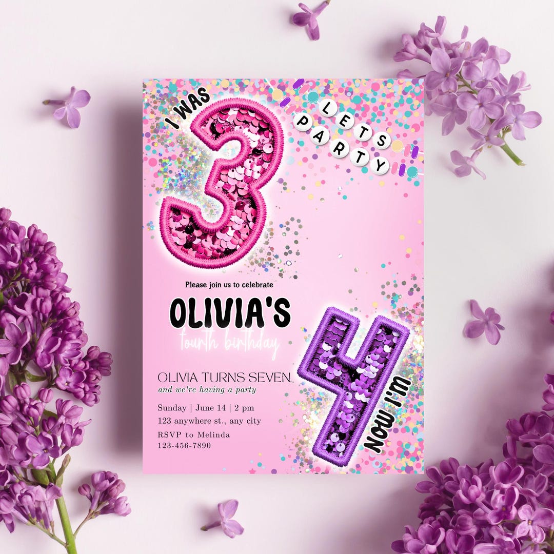 Pink Glitter Fourth Birthday Party Invitation, I Was 3 Now Im 4 Canva ...