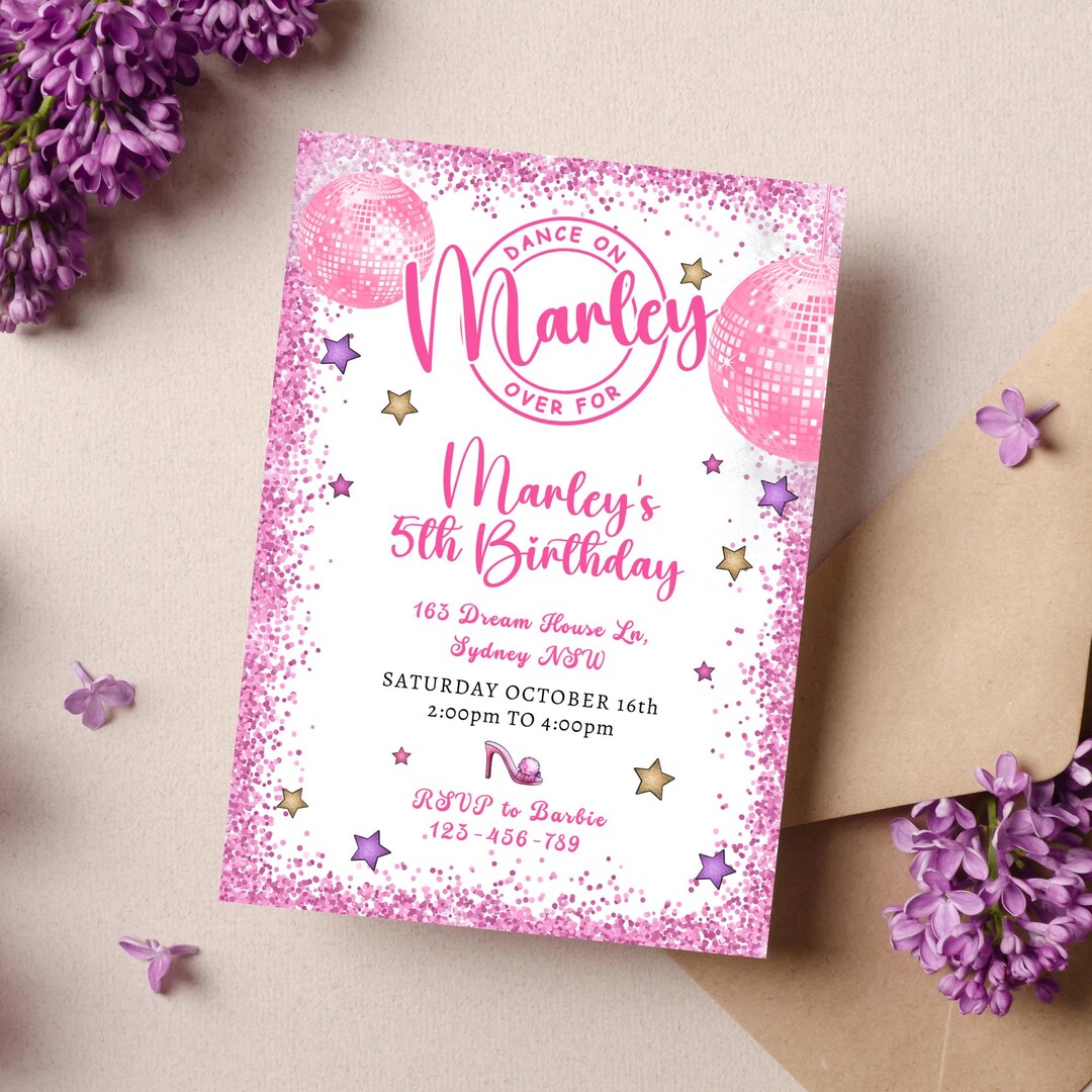Pink Glitter Disco Theme Birthday Invitation, Canva Self-editable ...