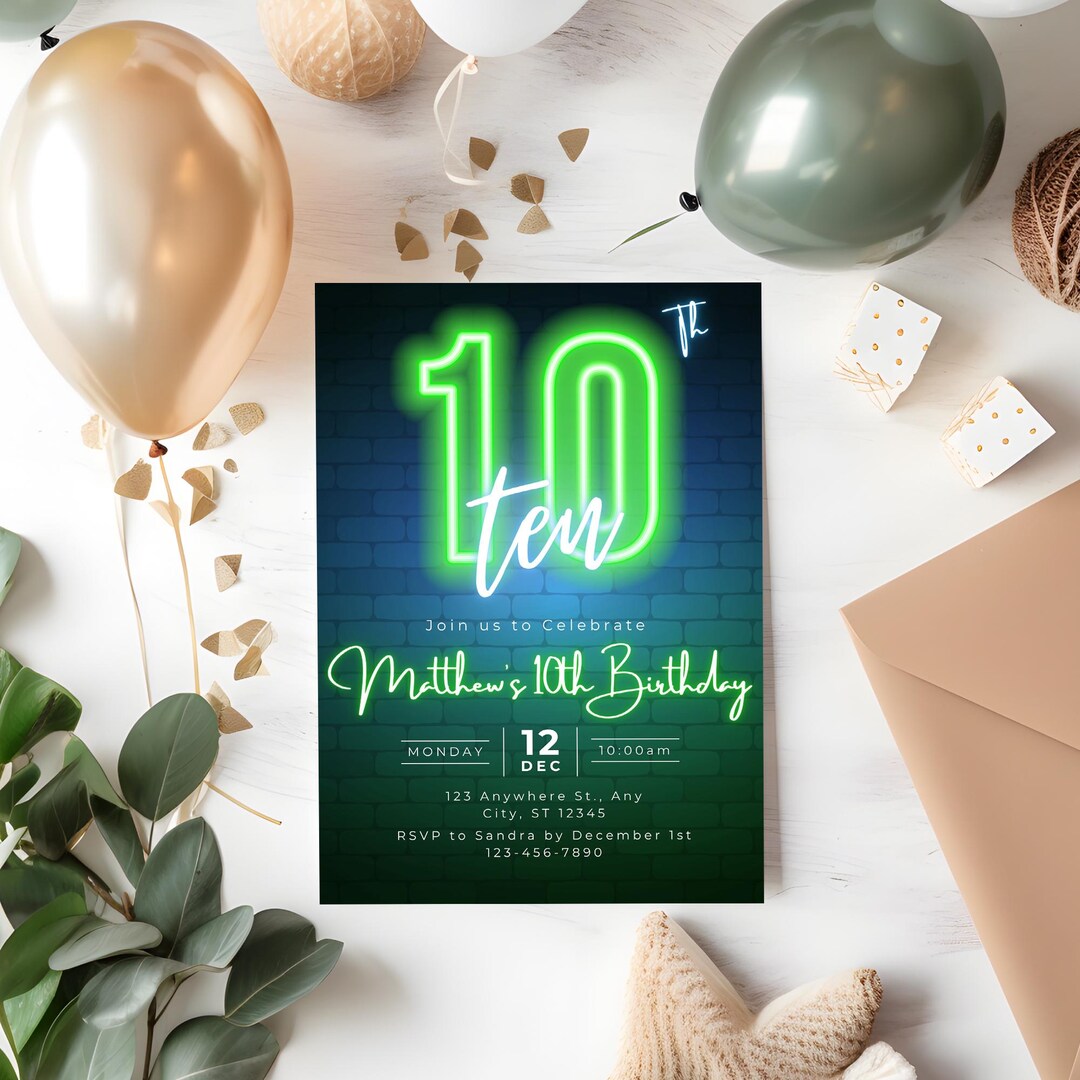 Neon Blue and Green Brick 10th Birthday Invitation, Canva Self-editable ...