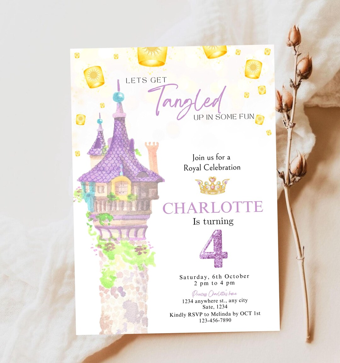Watercolour Princess Rapunzel 4th Birthday Invitation, Canva Self ...