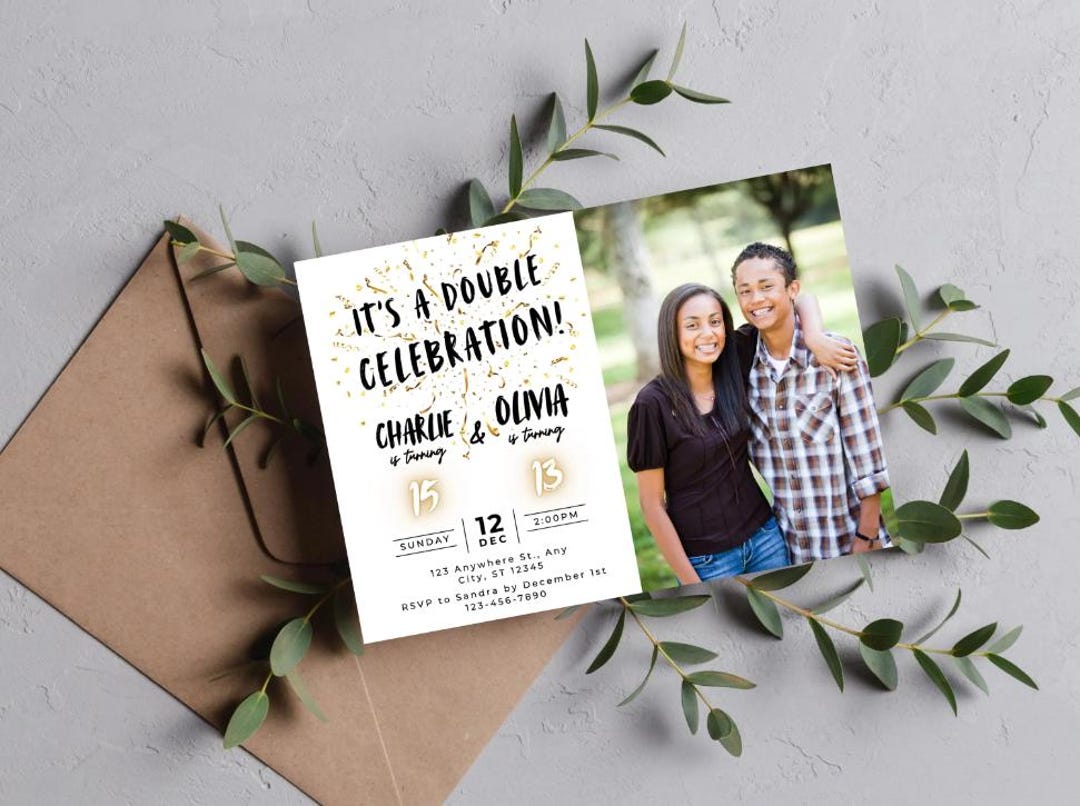 Its a Double Celebration Birthday Party Invitation, Photo Gold Joint ...