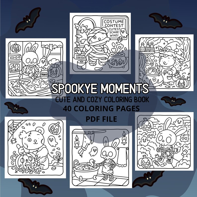 Spooky Moments Hand Drawn Coloring Book PDF PNG | 40pages Halloween ...