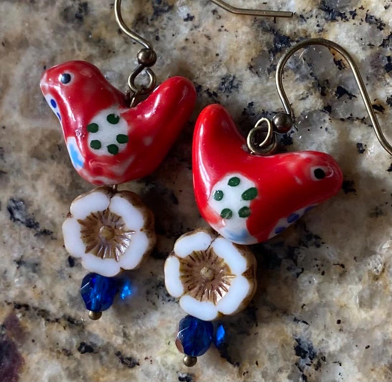 Hand-painted Red Bird Earrings – Porcelain Czech Glass Beads - Etsy