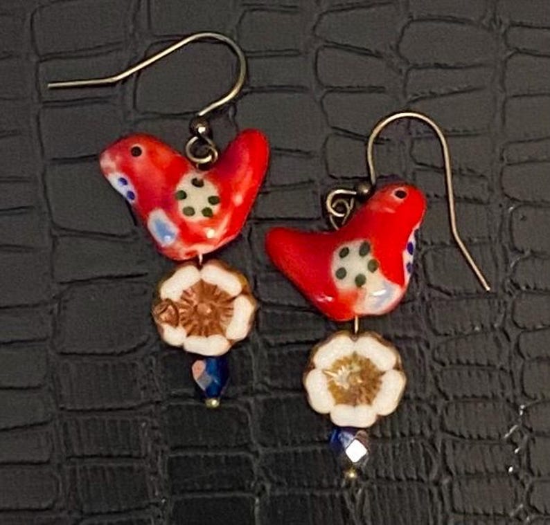 Hand-painted Red Bird Earrings – Porcelain Czech Glass Beads - Etsy